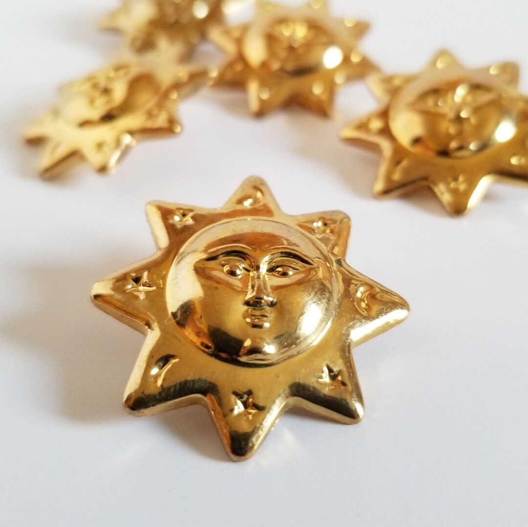 Set of 5 Sun Face Buttons Vintage 34mm Polished Gold Tone Plastic Shank ...