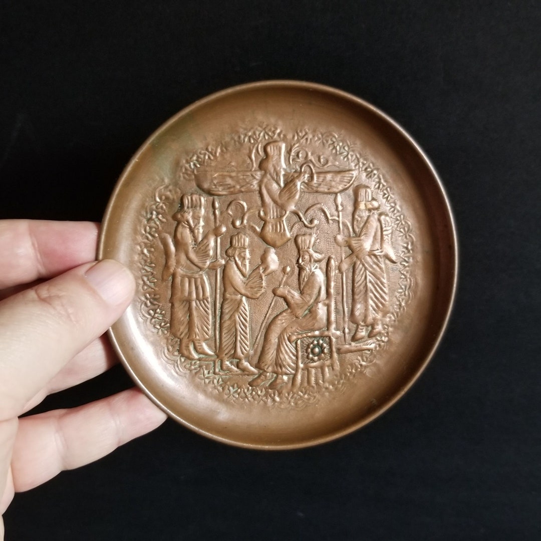 Embossed Copper Tray W Scenic Persian Frieze - Vintage 5.4" Trinket ...