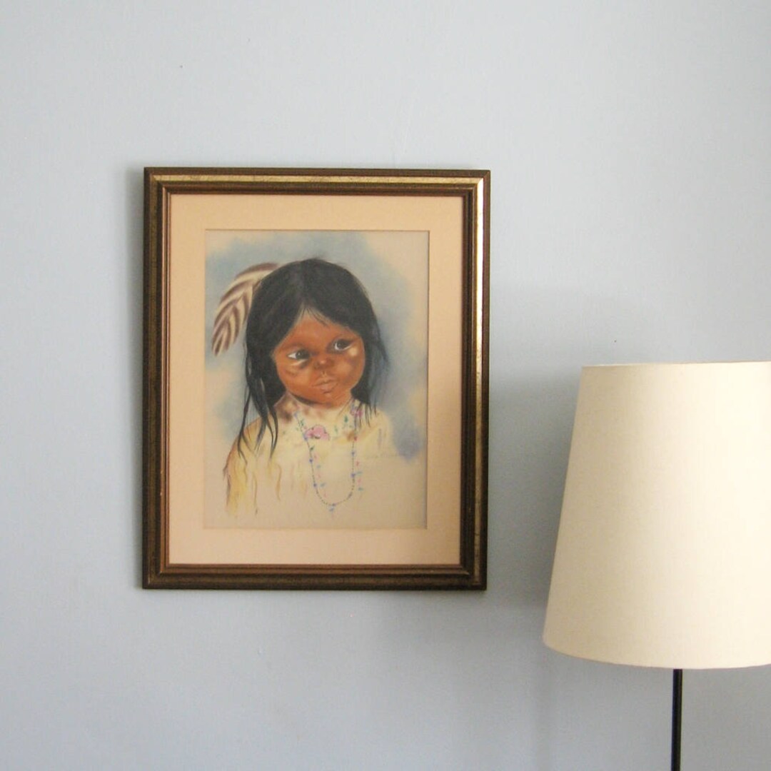 Native American Girl With Feather 1970s Pastel Fine Art Portrait ...