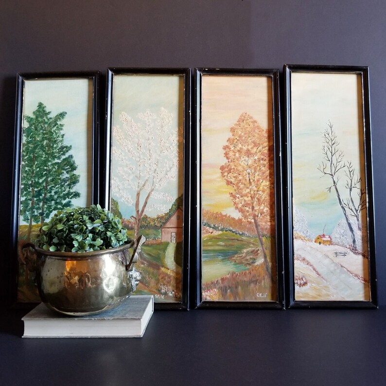 The Four Seasons Landscape Oil Paintings - Set of 4 Vintage Framed ...