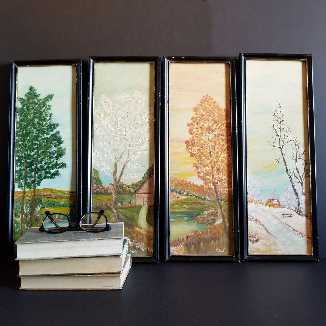 The Four Seasons Landscape Paintings - Set of 4 Vintage Framed Oil ...