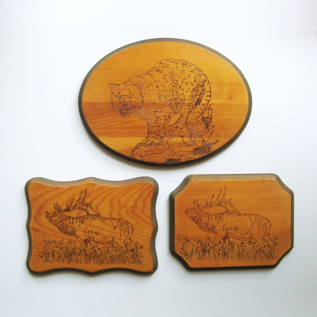 Wood Animal Wall Plaque Vintage Elk or Cougar Wood Burning Pyrography ...