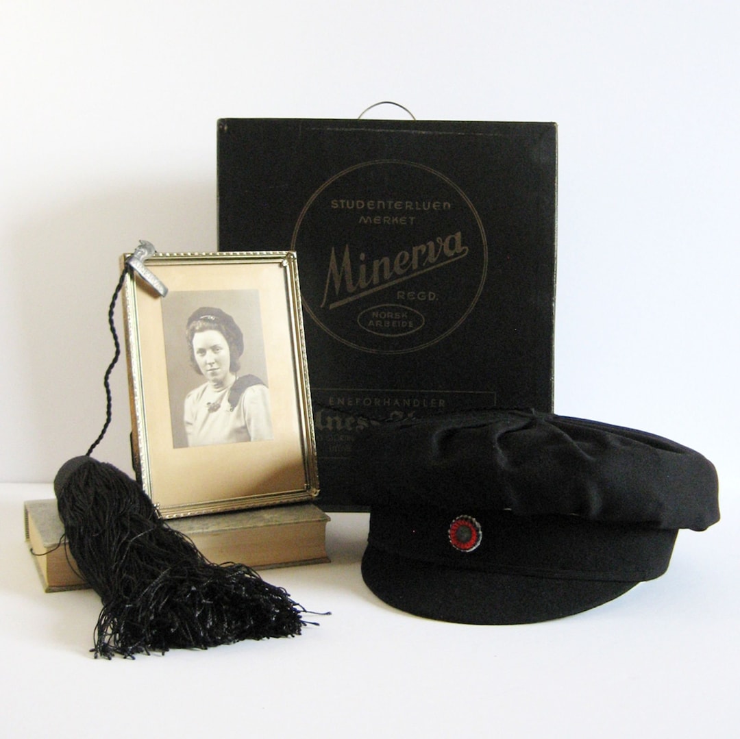 Black Wool Norwegian Student Cap with Long Tassel & Pin - Vintage ...
