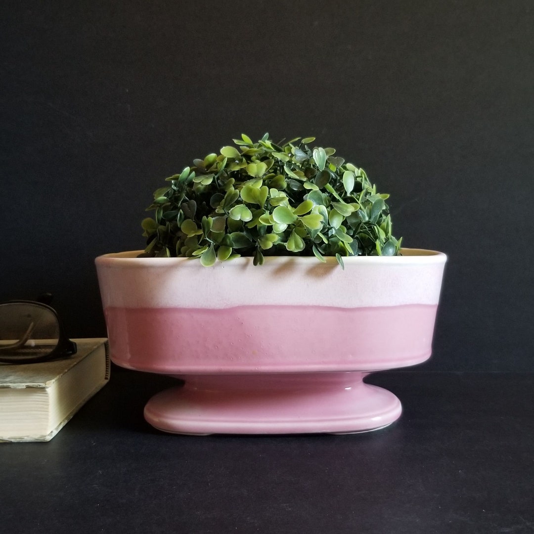Footed Ceramic Planter in Two Tone Pink Glaze Vintage 8x4.4 Oval Flower ...