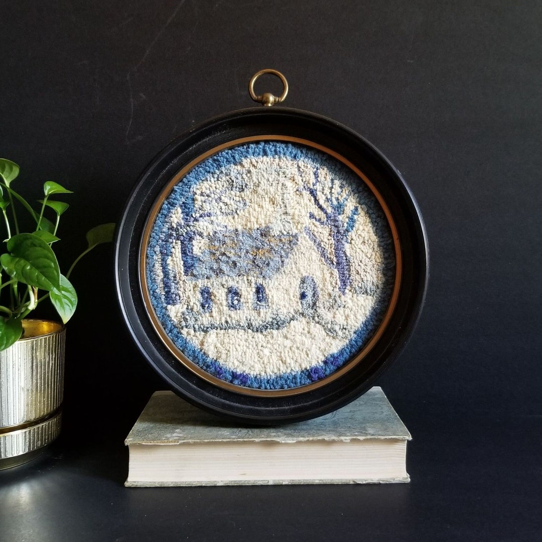Winter Church Landscape Scene - Vintage 8.9" Round Framed Hooked Rug ...