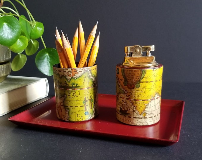 World Map Lighter & Cigarette Holder With Tray - Vintage Desk Organizer ...