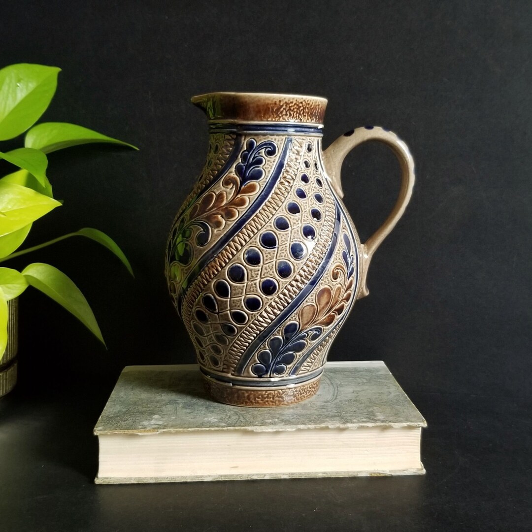 Marzi Remy Ceramic Pitcher - Vintage Brown & Cobalt Blue German Pottery ...