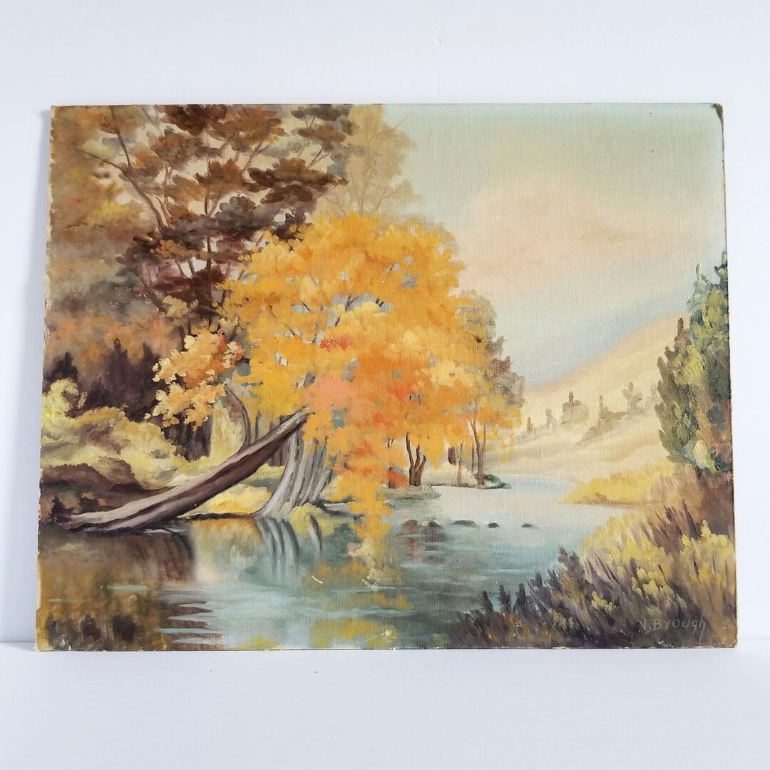 River Landscape Painting W Trees in Fall Color - 16x20" Mid Century ...