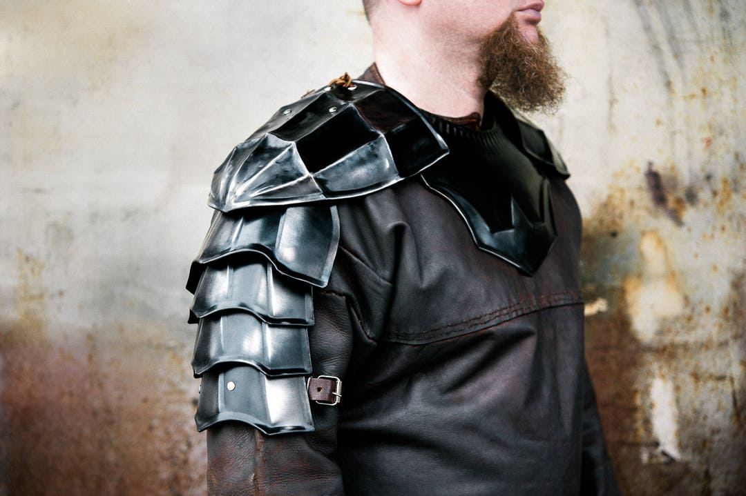Guts shoulder armor, pair of pauldrons and metal gorget, blackened ...