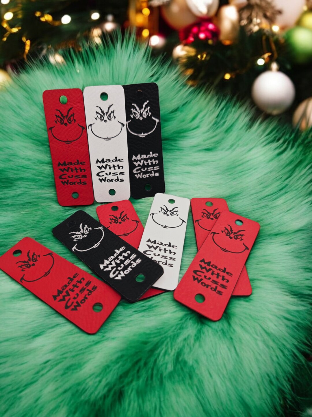 10 Faux Leather Grinch Made With Cuss Words Tags! Crochet Beanie Tags ...