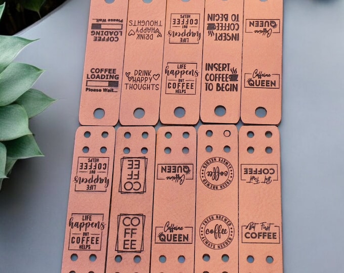 10 Coffee Sayings Labels Crochet Cup Cozy Tags Knit Label Rivets or Sew ...