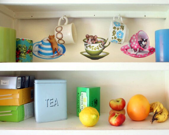 Mouse in a Tea Cup Wall Sticker / Decal, Blue, Cornish China ...