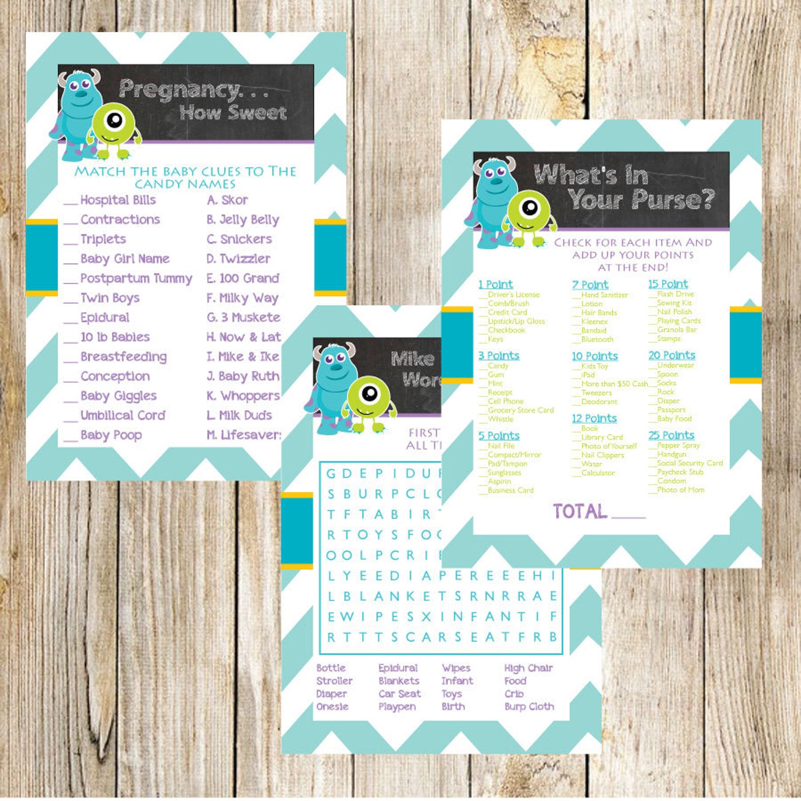 Monsters Baby Shower Game Package Monster Bingo Word Scramble Search ...