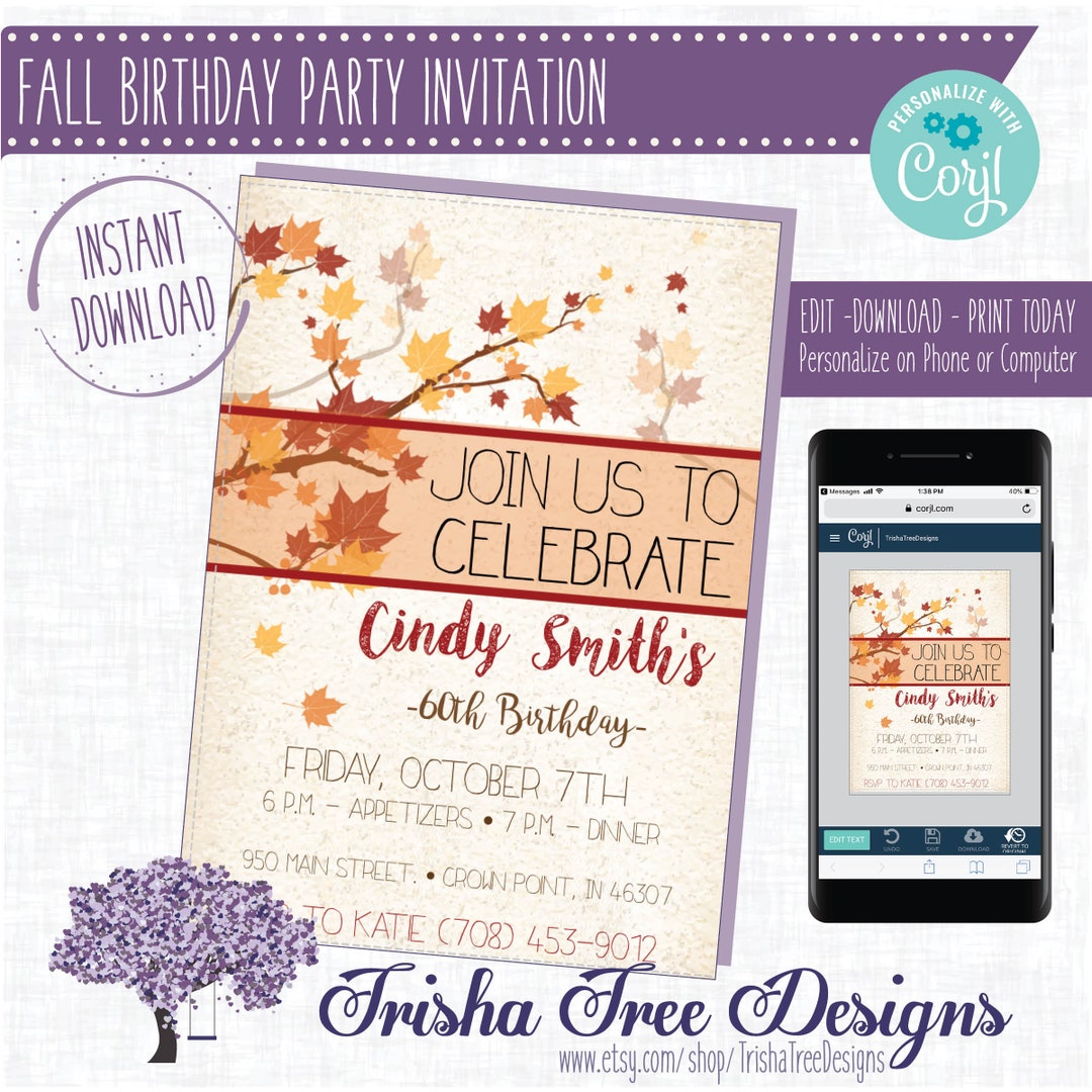 Fall Birthday Party Invitation - Autumn Bday Invite - Leaves - October ...