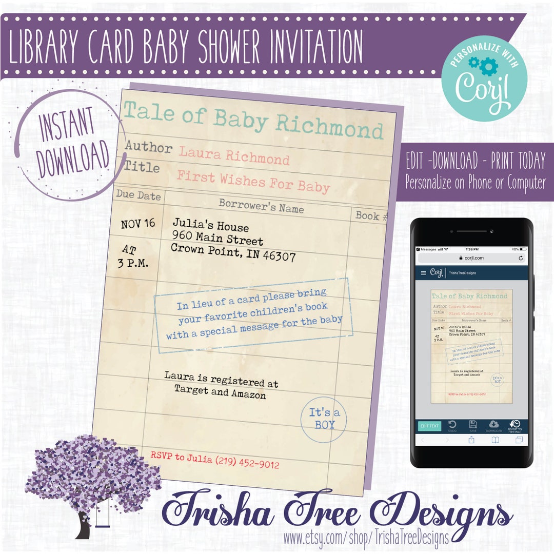 Library Card Baby Shower Invite -book Theme Baby Shower Invitation ...