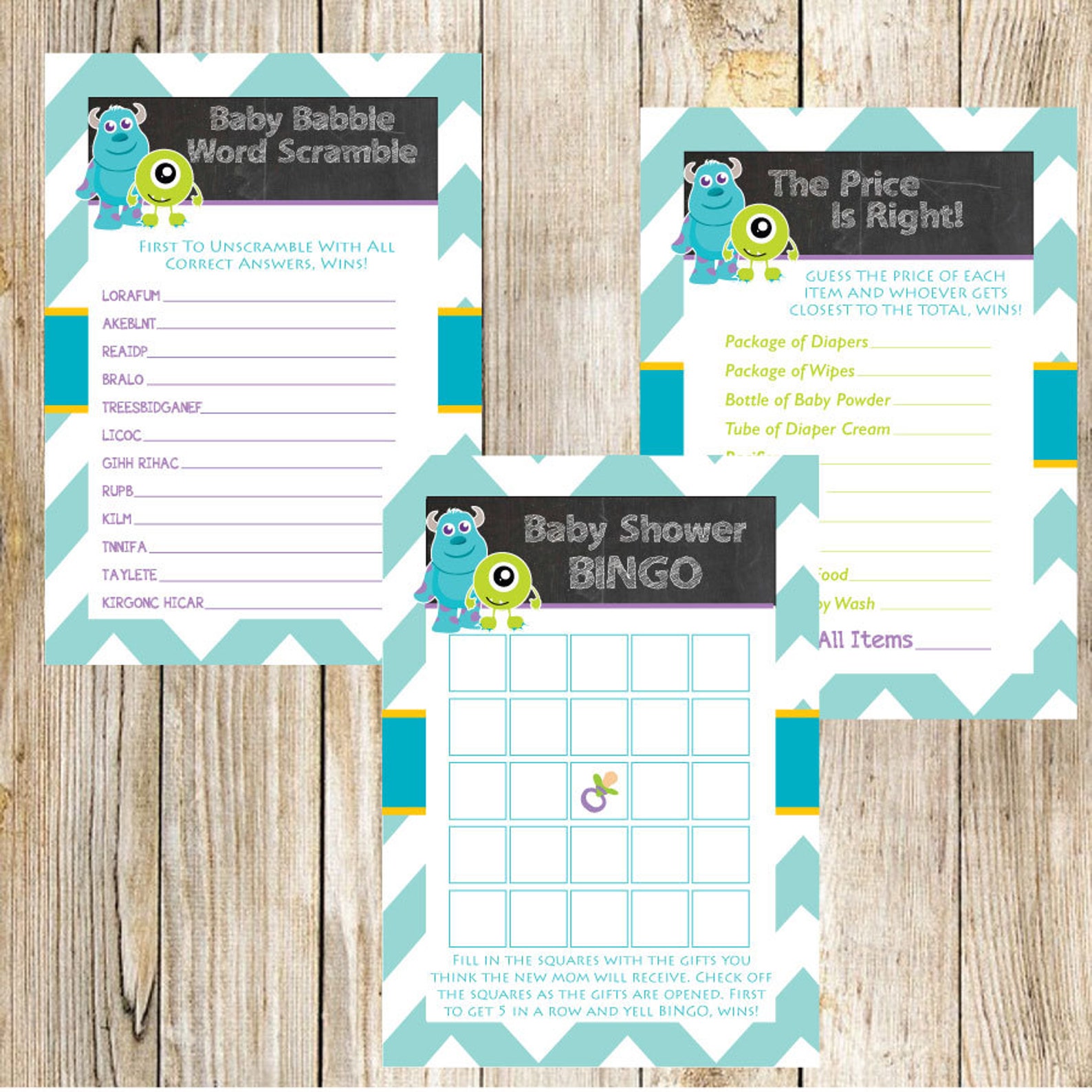 Monsters Baby Shower Game Package Monster Bingo Word Scramble Search ...