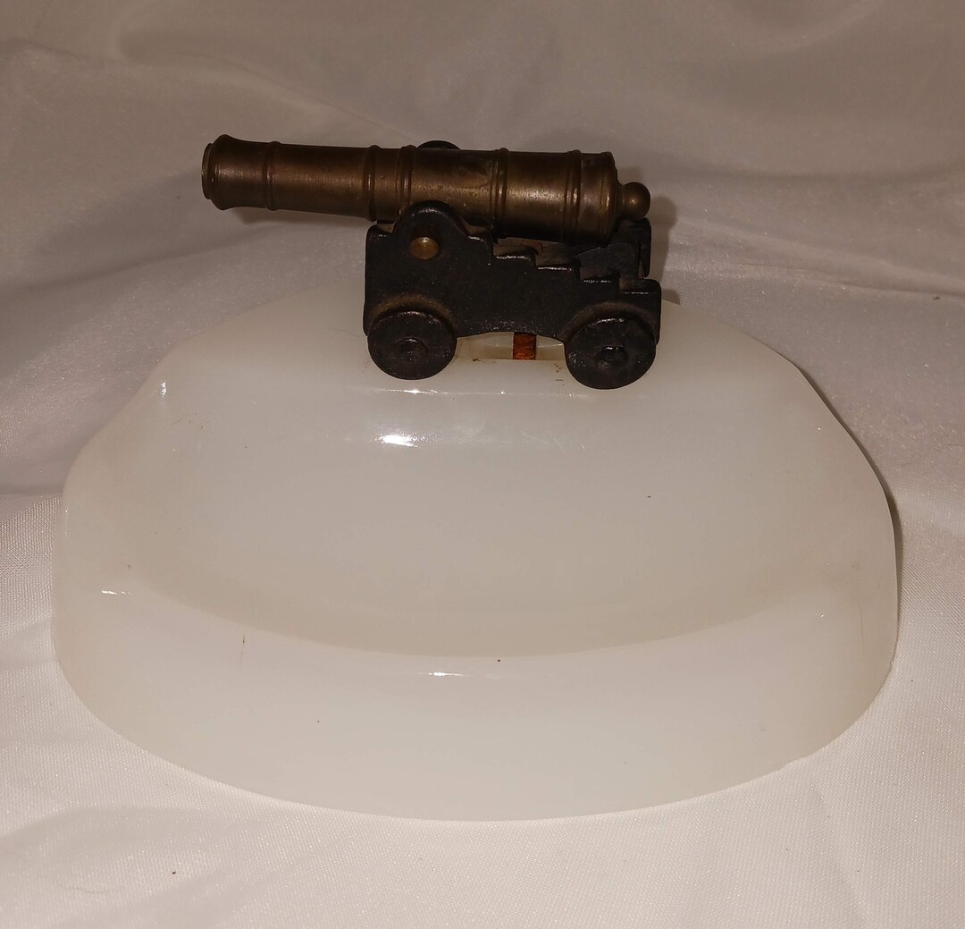 Vintage 1960s Milk Glass Ashtray With Metal Cannon MCM Militaria Decor ...