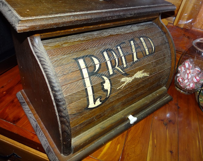 Vintage Large Wooden Roll Front Style Bread Box Decoration Knock on ...