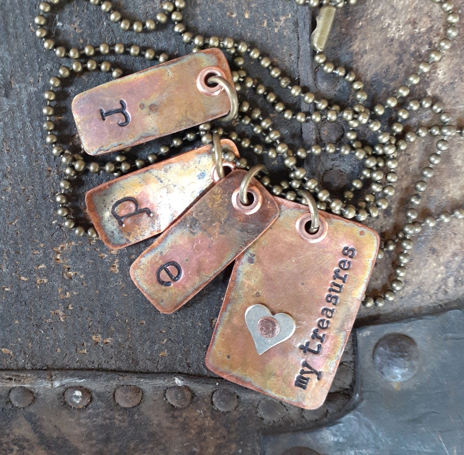 Mom Necklace...rustic Copper Name Tags on Antiqued Brass Ball Chain ...