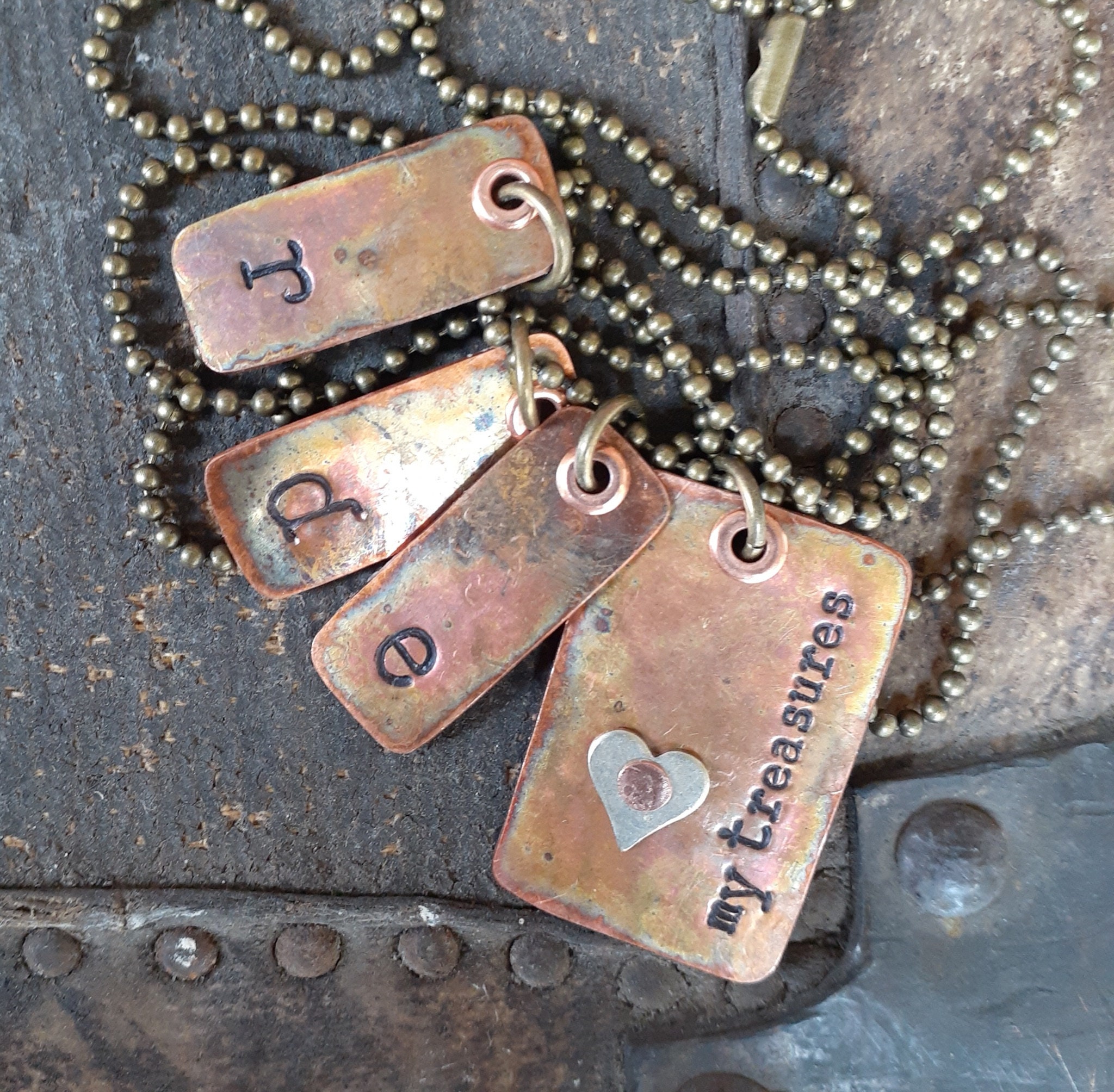 Mom Necklace...rustic Copper Name Tags on Antiqued Brass Ball Chain ...