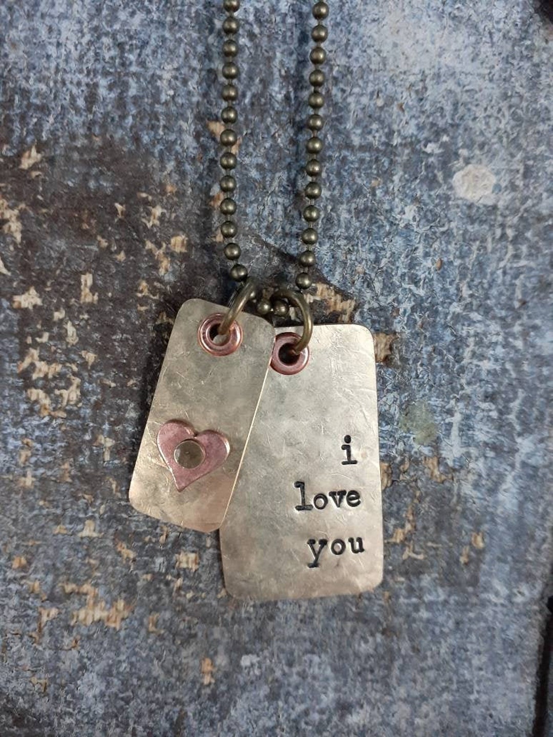 Custom Hand Stamped Necklace...rustic Brass Dog Tag and Small Brass Tag ...