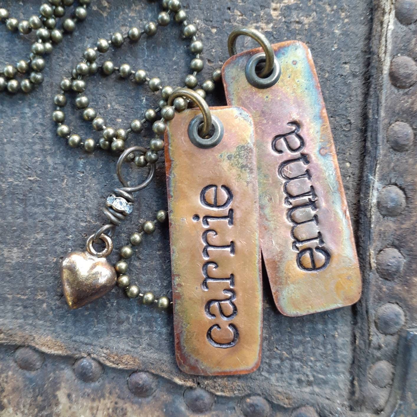 Mothers COPPER Name Necklace With Brass Heart...rustic Name | Etsy