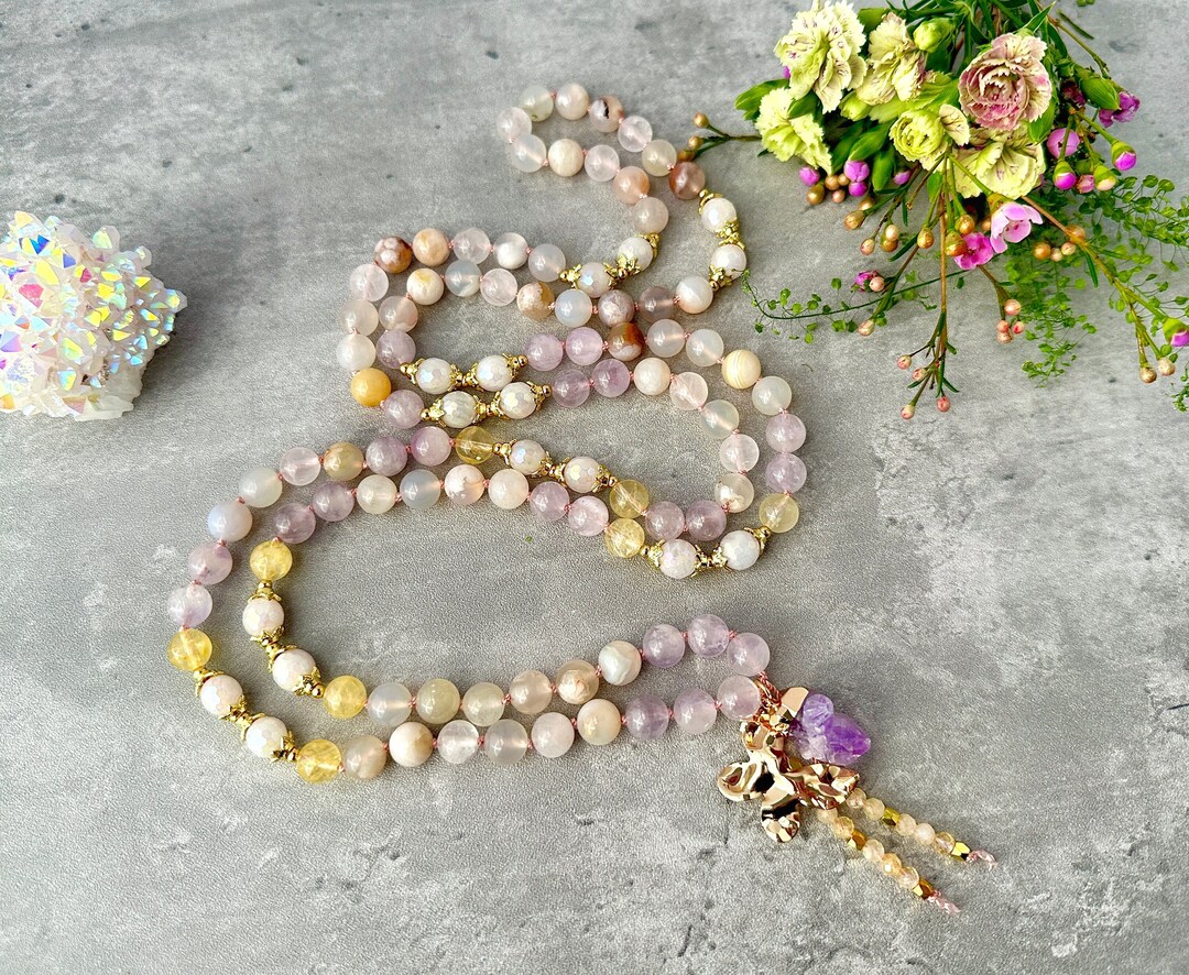 Mala Necklace With Cherry Blossom Amethyst Rose Quartz Citrine Mala ...