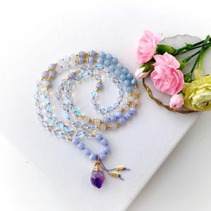 Mala Necklace With Mystic Aura Quartz Moonstone Aquamarine Blue Lace ...