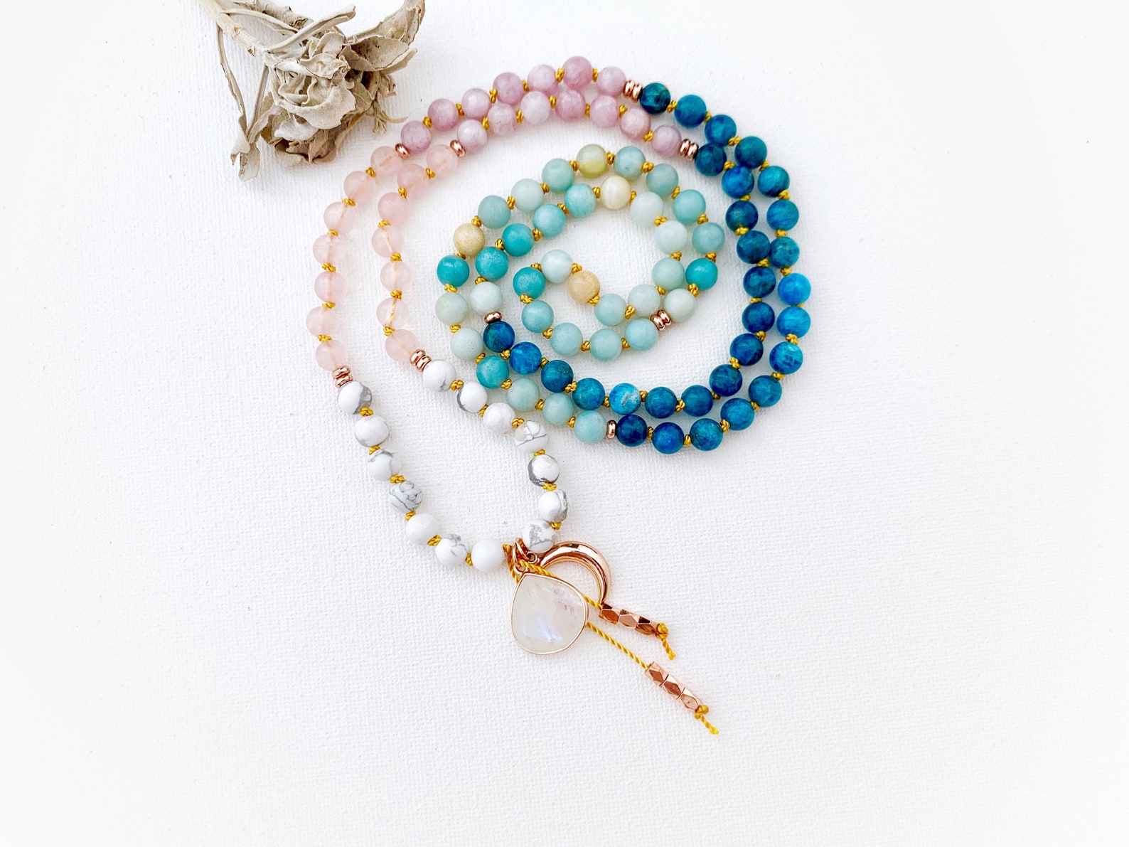 Moonstone Mala Necklace With Howlite Rose Quartz Amethyst - Etsy