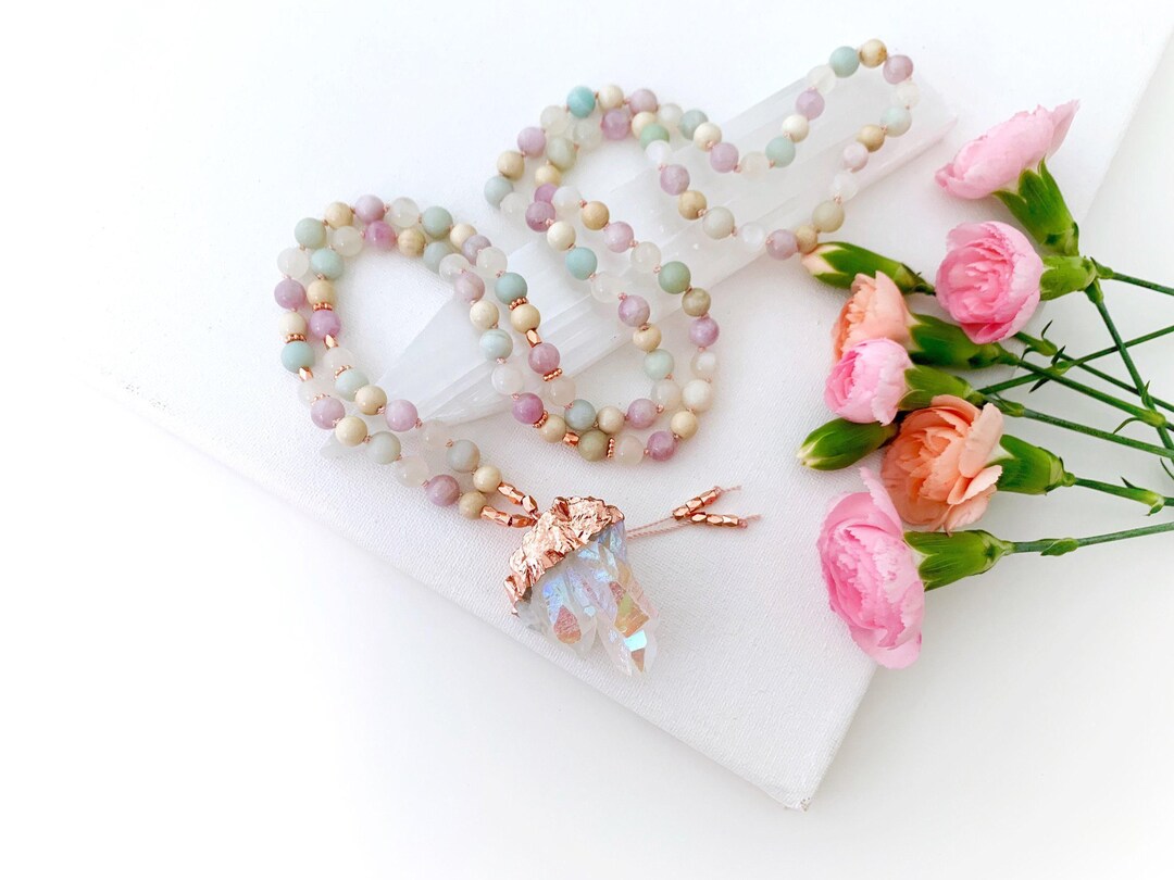 Moonstone Mala Necklace, Kunzite Amazonite Riverstone, Healing Crystal ...