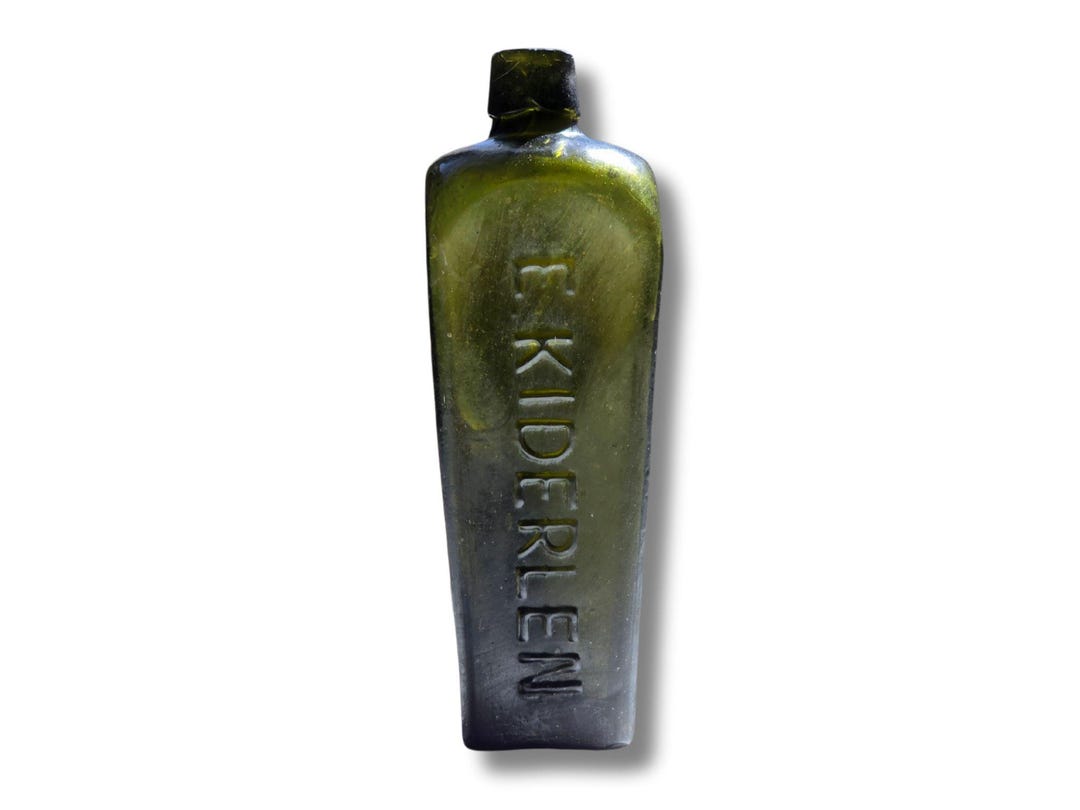 9" Antique Case Gin Bottle 1860 - 1890, Olive Green E. Kiderlen Dutch ...