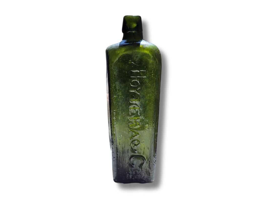9" Antique Case Gin Bottle 1860 - 1890, Olive Green Black V. Hoytema ...