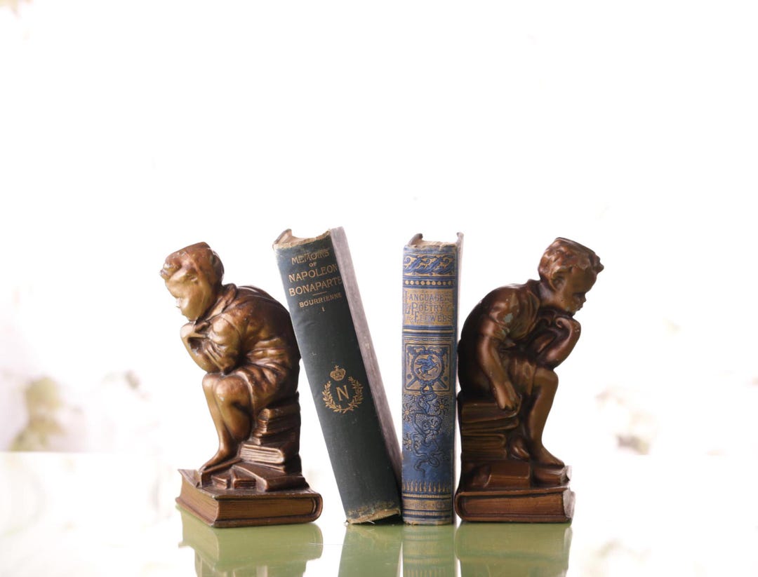 Antique Bronzed Metal Bookends With the Thinker Boy on a Stack of Books, Cast Metal Decorative ...