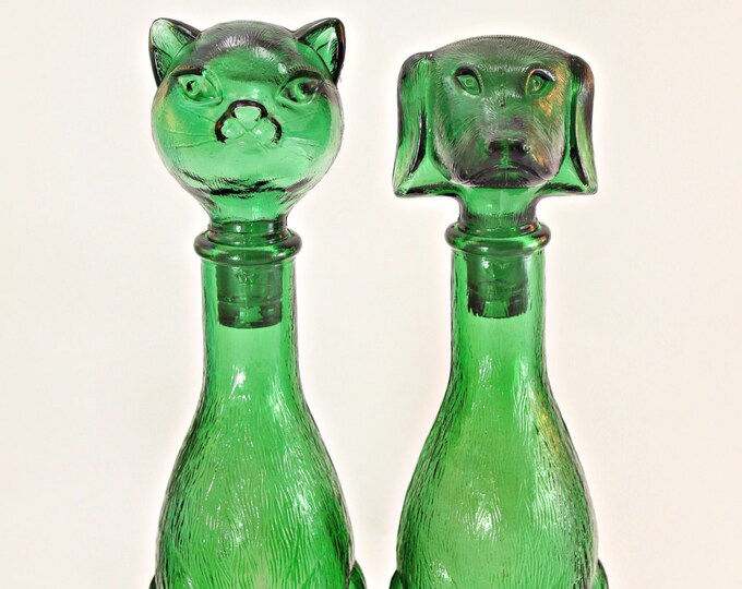 Vintage Glass Dog and Cat Decanters, Green Glass Dog and Cat Decanters ...