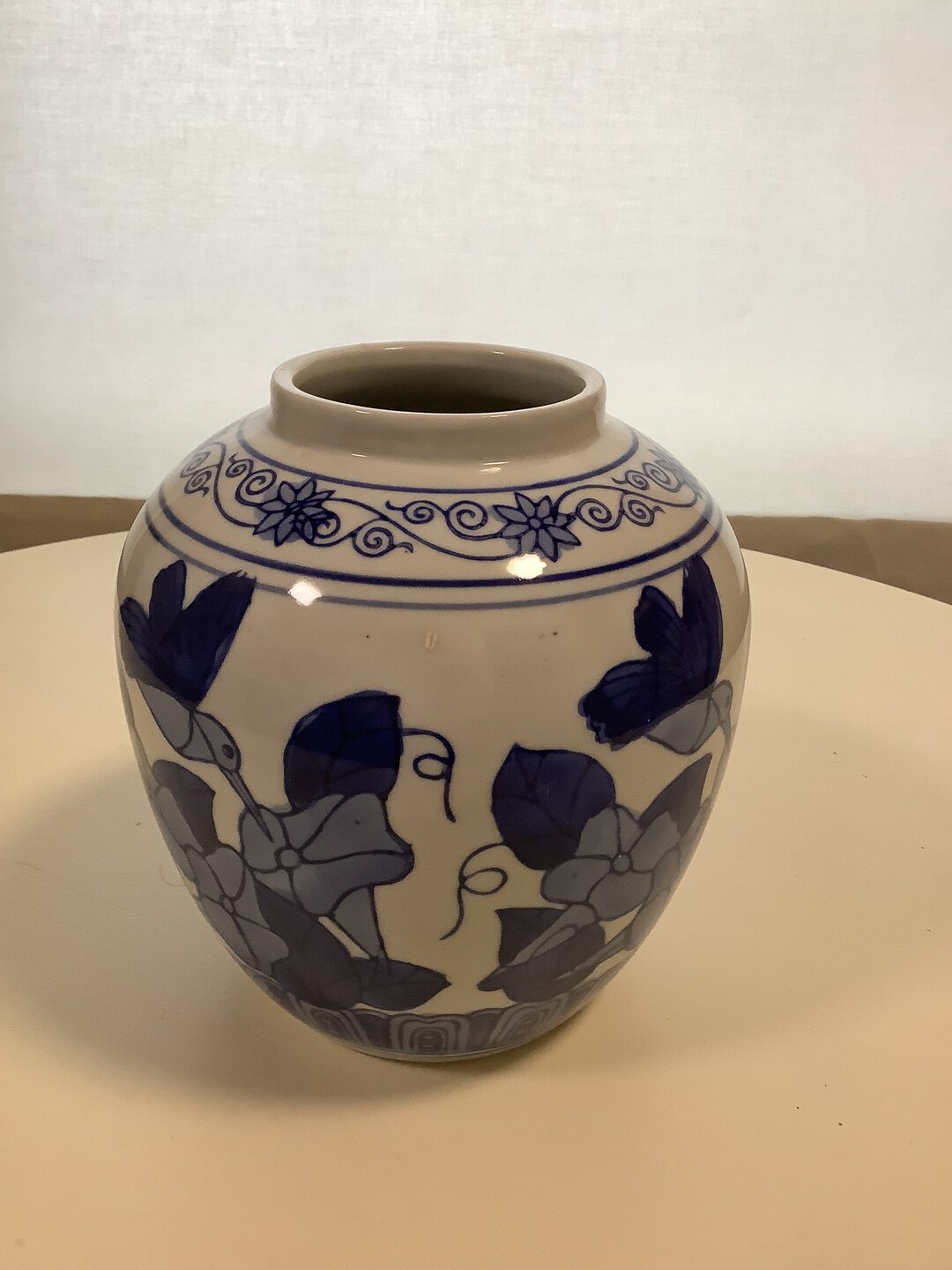 Blue and White Porcelain Morning Glory and Hummingbird Ginger Jar/vase ...