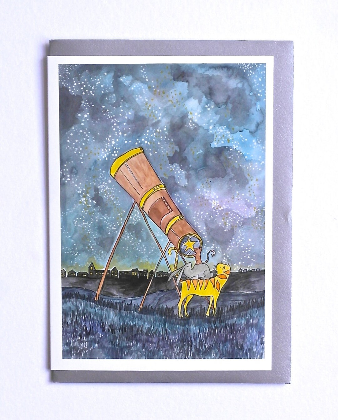 Star Gazing Card, New Baby Card, Cute Cat Card Card, Animal Card, 'star ...