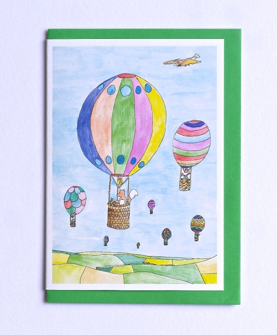 Hot Air Balloon Card Hot Air Balloon Fox Card Woodland | Etsy