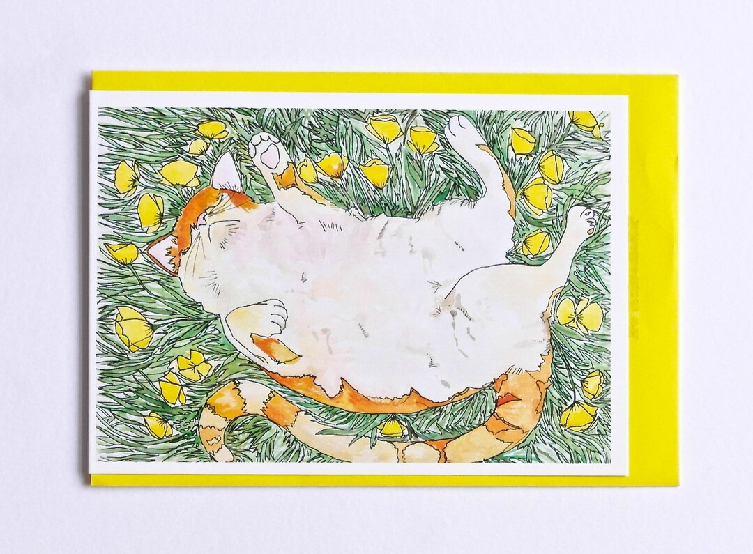 Cat Card, Cute Cat Card, Illustrated Sleeping Cat Card, Ginger Cat Card ...