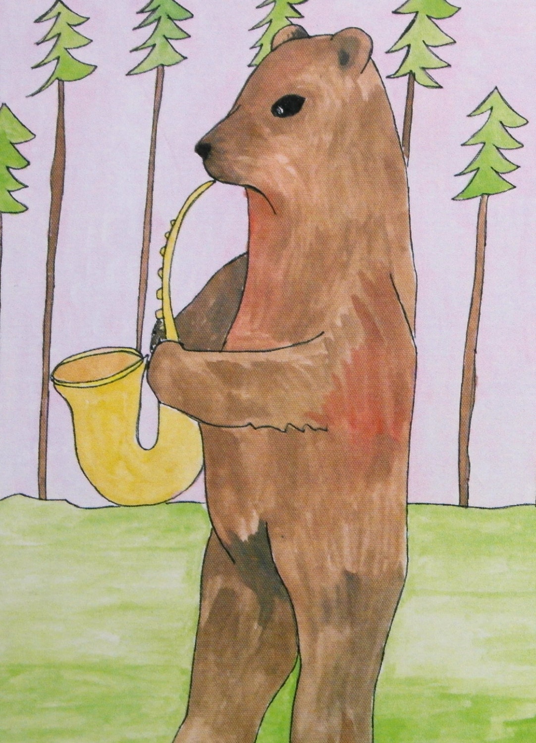 Bear Card Music Card Saxophone Card Illustrated Jazz Bear | Etsy