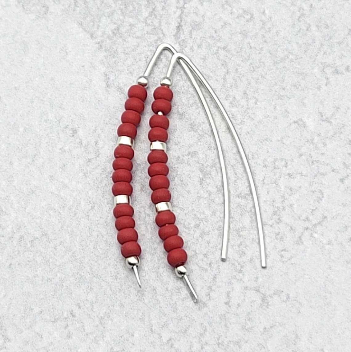 Red Beaded Sterling Silver Threader Earrings Modern Beaded - Etsy