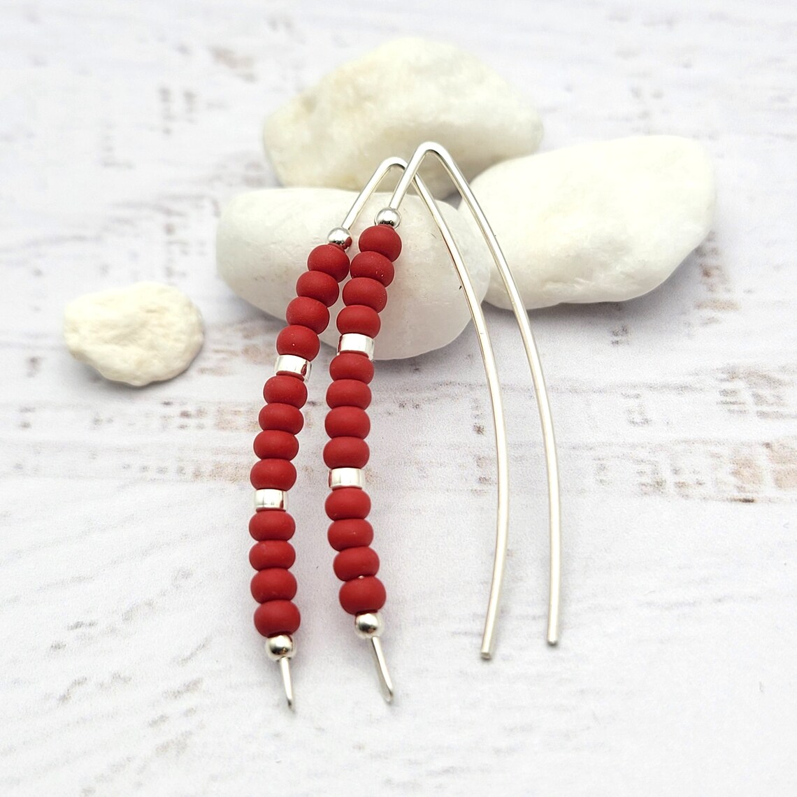 Red Beaded Sterling Silver Threader Earrings Modern Beaded - Etsy