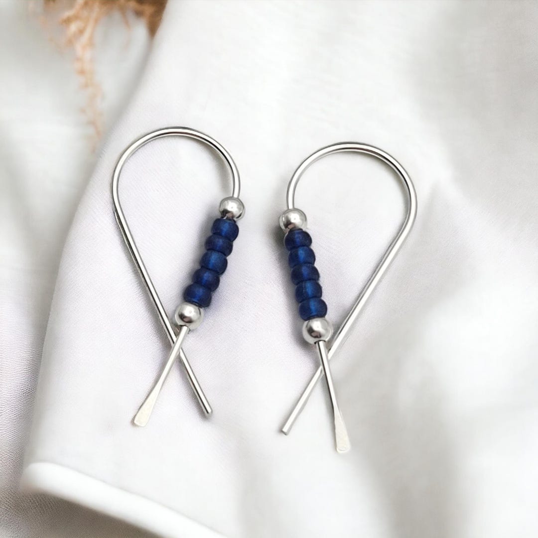Sterling Silver and Blue Ribbon Threader Earrings, Gift for Her ...