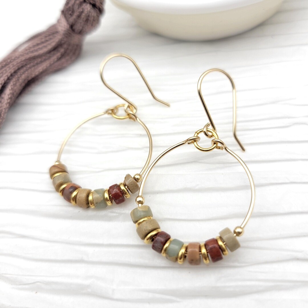 14k Gold Filled Hoop Earrings: Earth Tone Jasper Beads - Etsy