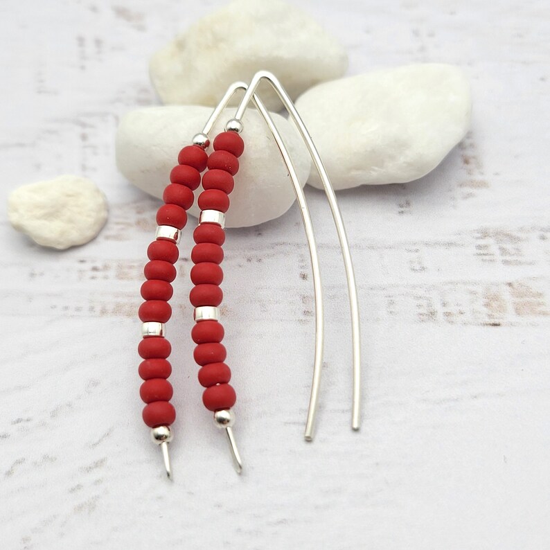 Red Beaded Sterling Silver Threader Earrings Modern Beaded - Etsy