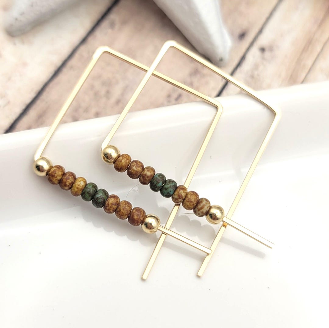 Handmade Square Gold Hoops - 14K Gold Filled Wire Earrings With Green ...