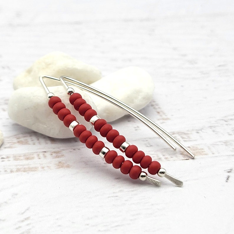Red Beaded Sterling Silver Threader Earrings Modern Beaded - Etsy