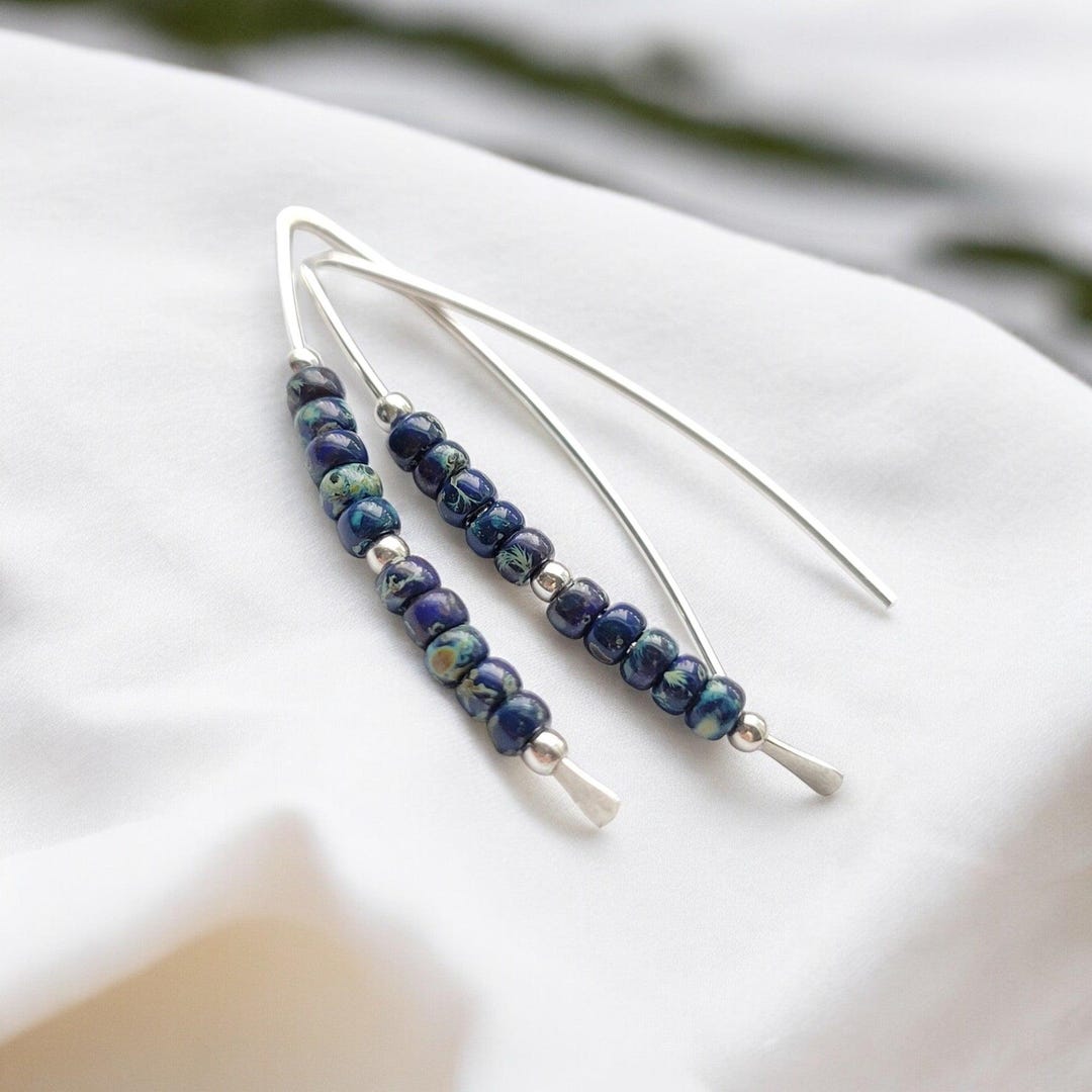 Sterling Silver Threader Earrings With Denim Blue Beads - Beaded ...