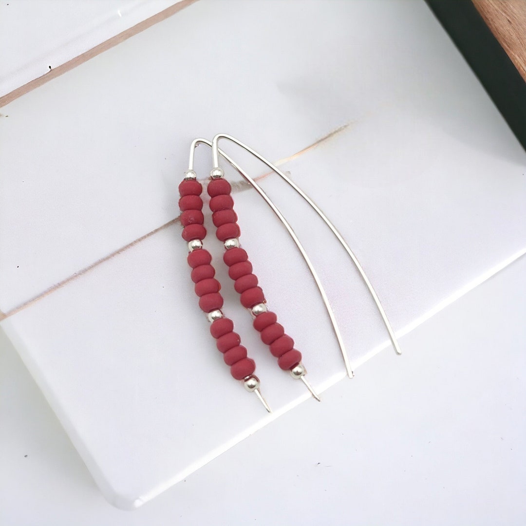Red Beaded Sterling Silver Threader Earrings - Etsy