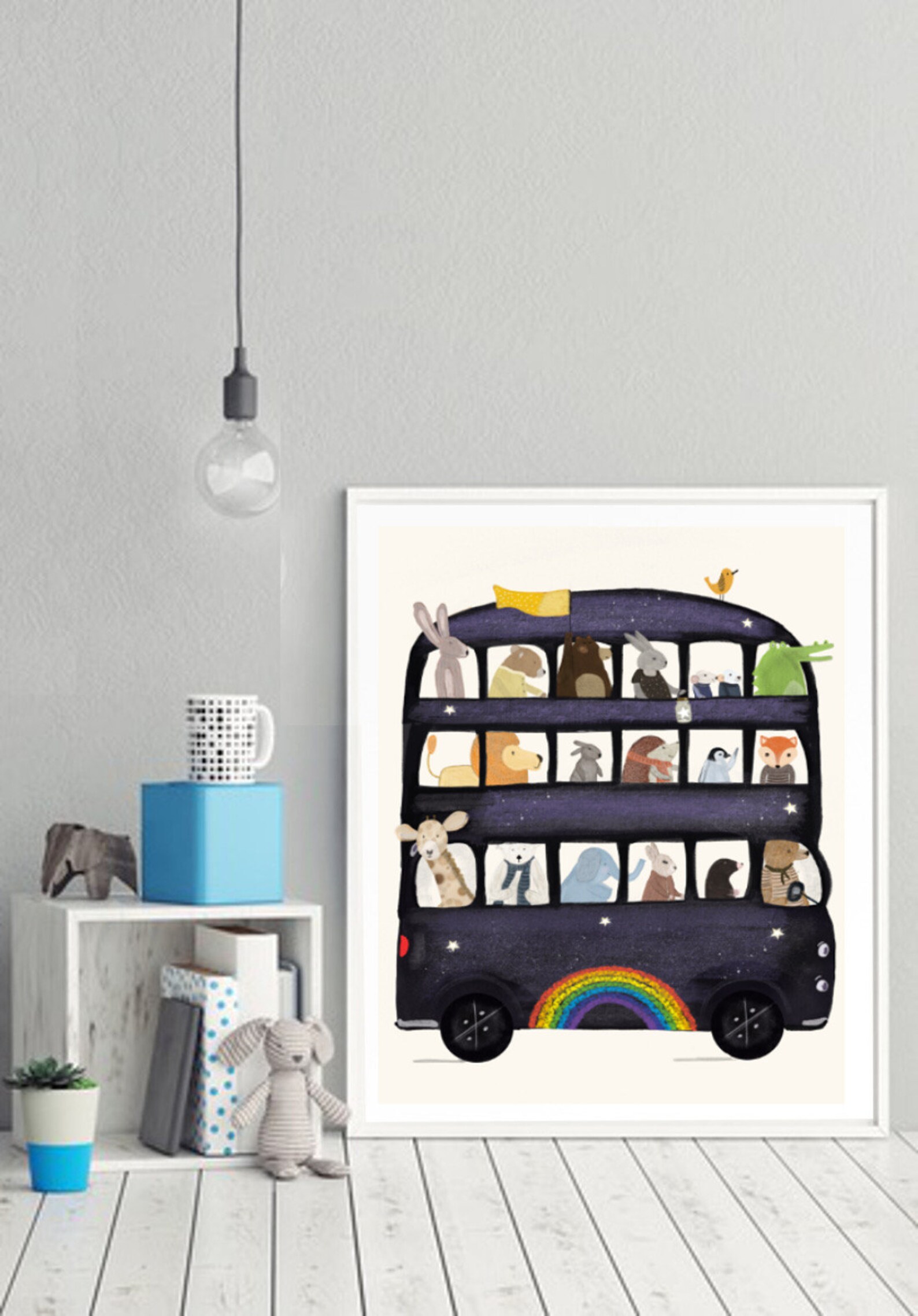 The Rainbow Bus. Nursery Art Print Woodland Animals - Etsy