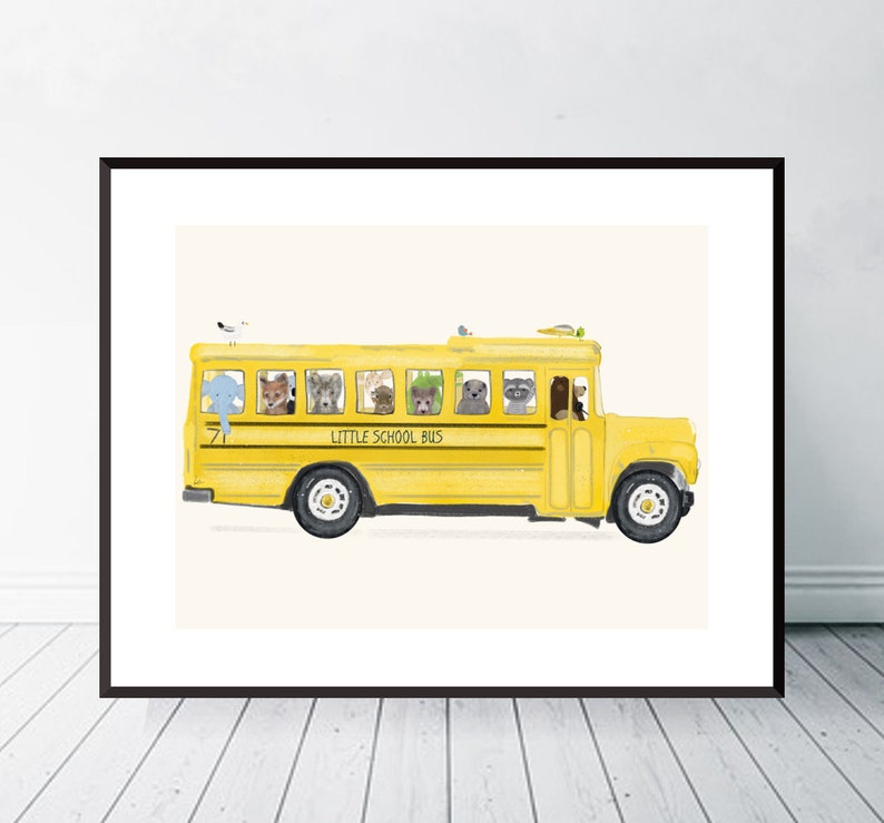 Little school bus. Nursery art Woodland nursery print | Etsy